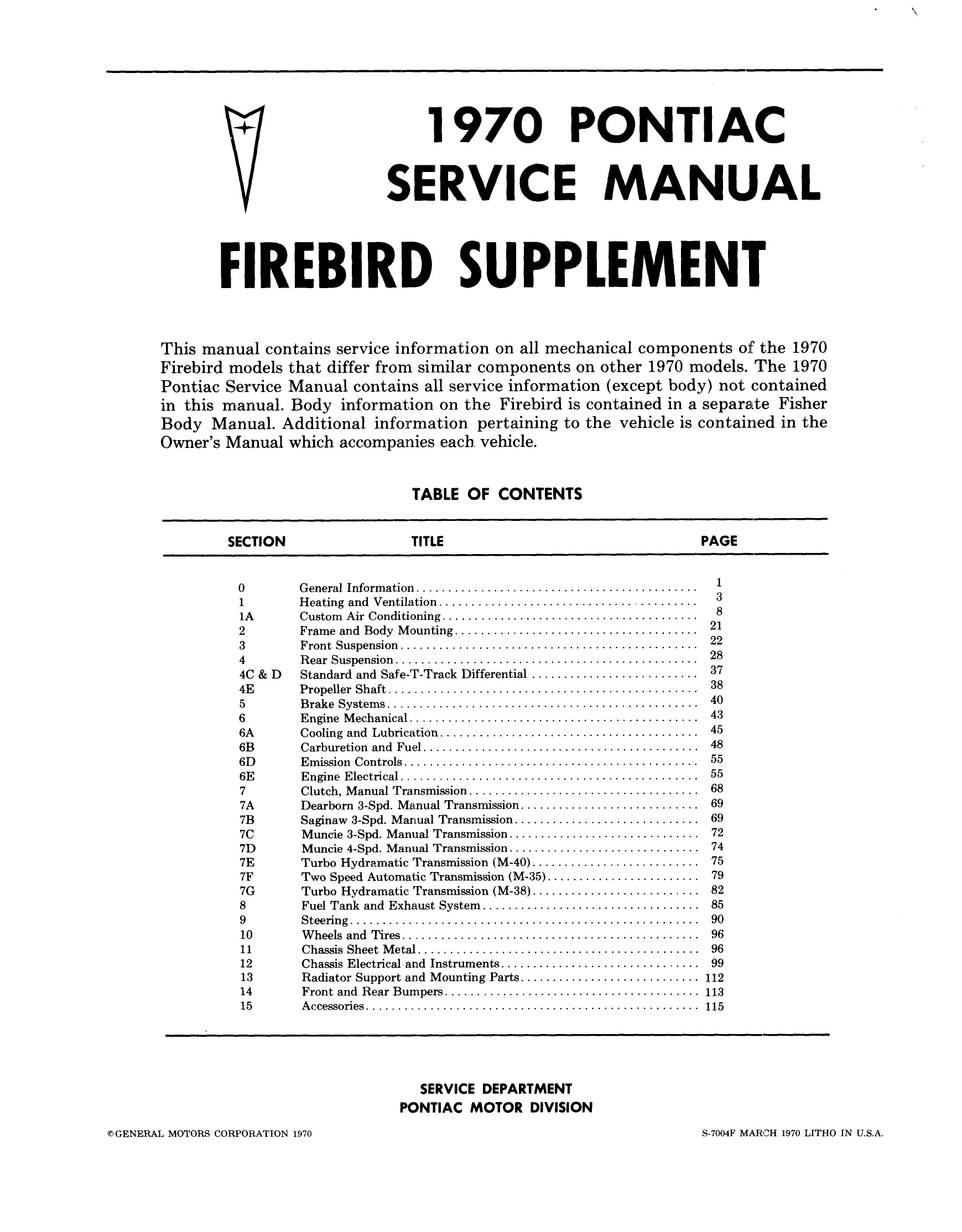 11970 Pontiac Firebird Shop Manual Suplement - FI-Firebird Supplement Page 2 of 126